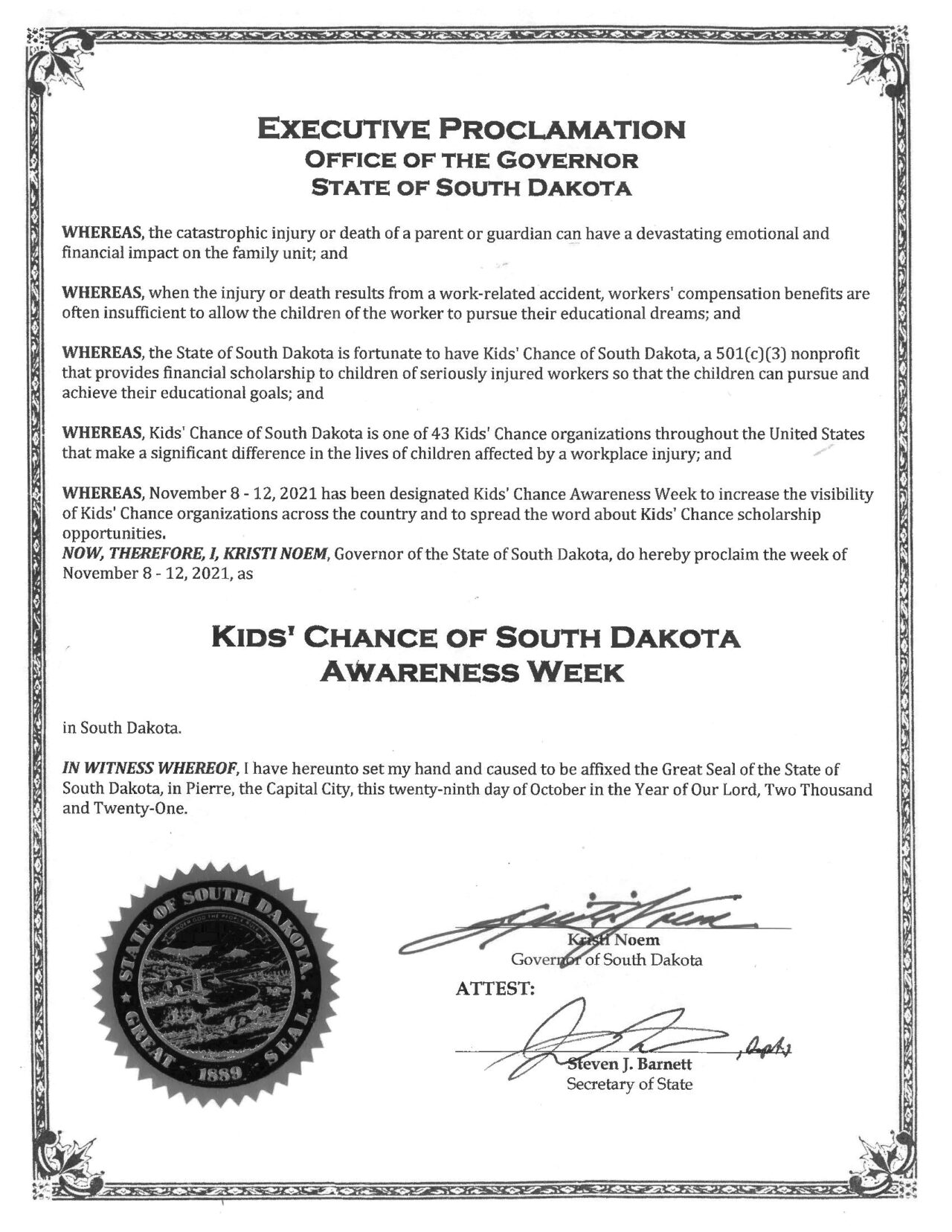 Governor Proclaims Kids’ Chance Awareness Week - Kids' Chance of South ...